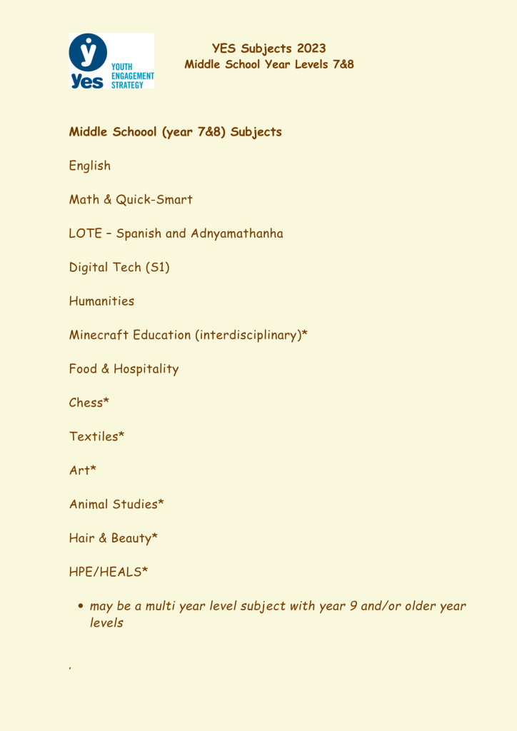 YES Middle School Program & Subjects (7-8) | Youth Engagement Strategy